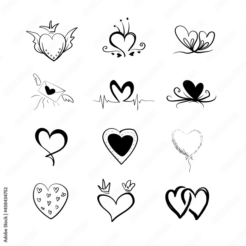Hand drawn heart symbols doodle vector. Set of hand drawn, sketch ...