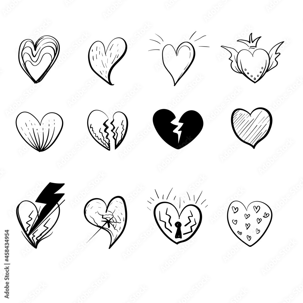 Hand drawn heart symbols doodle vector. Set of hand drawn, sketch ...