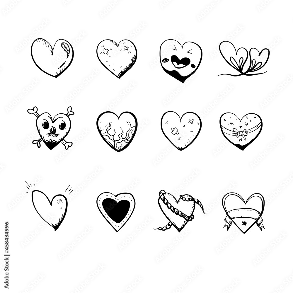 Hand drawn heart symbols doodle vector. Set of hand drawn, sketch ...
