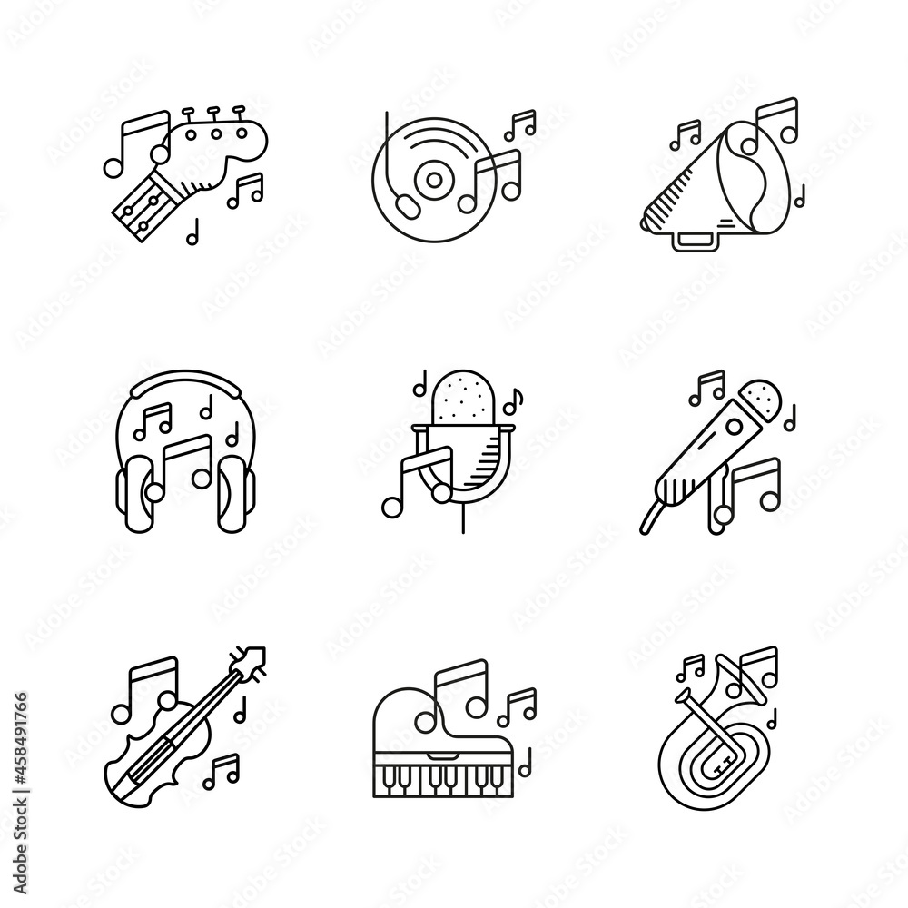 Set of 9 Musical instruments icon. Violin, Baritone tuba, Trumpet ...