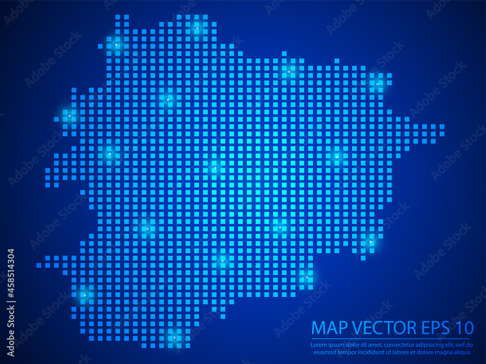 Pixel mosaic glow blue dot map with light on blue background of map of ...