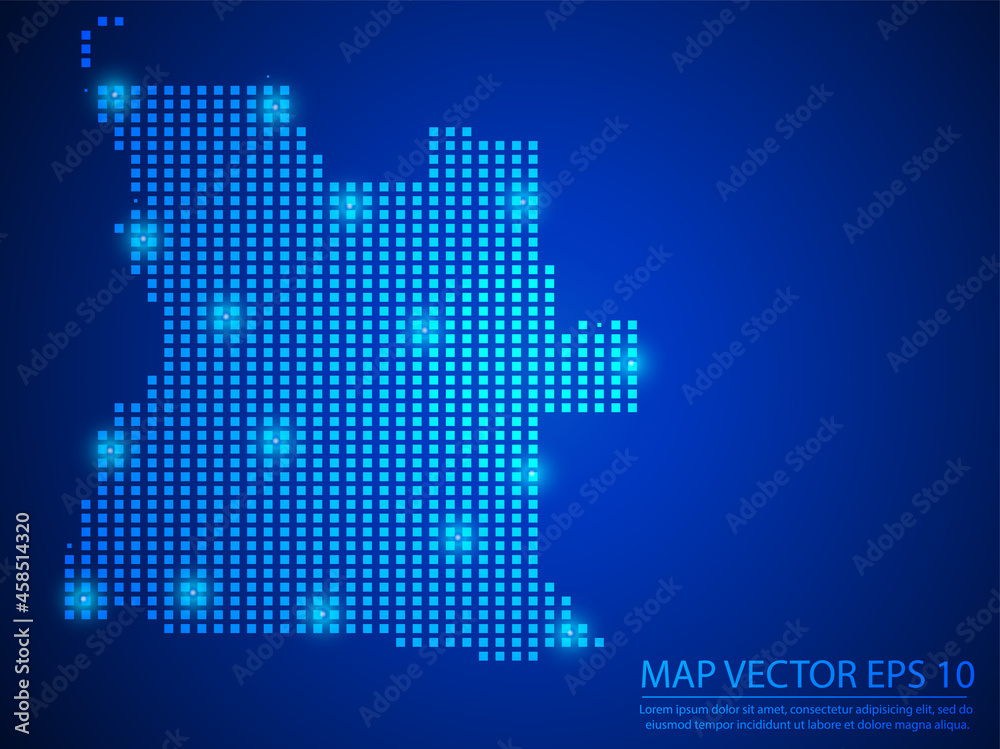 Pixel mosaic glow blue dot map with light on blue background of map of ...