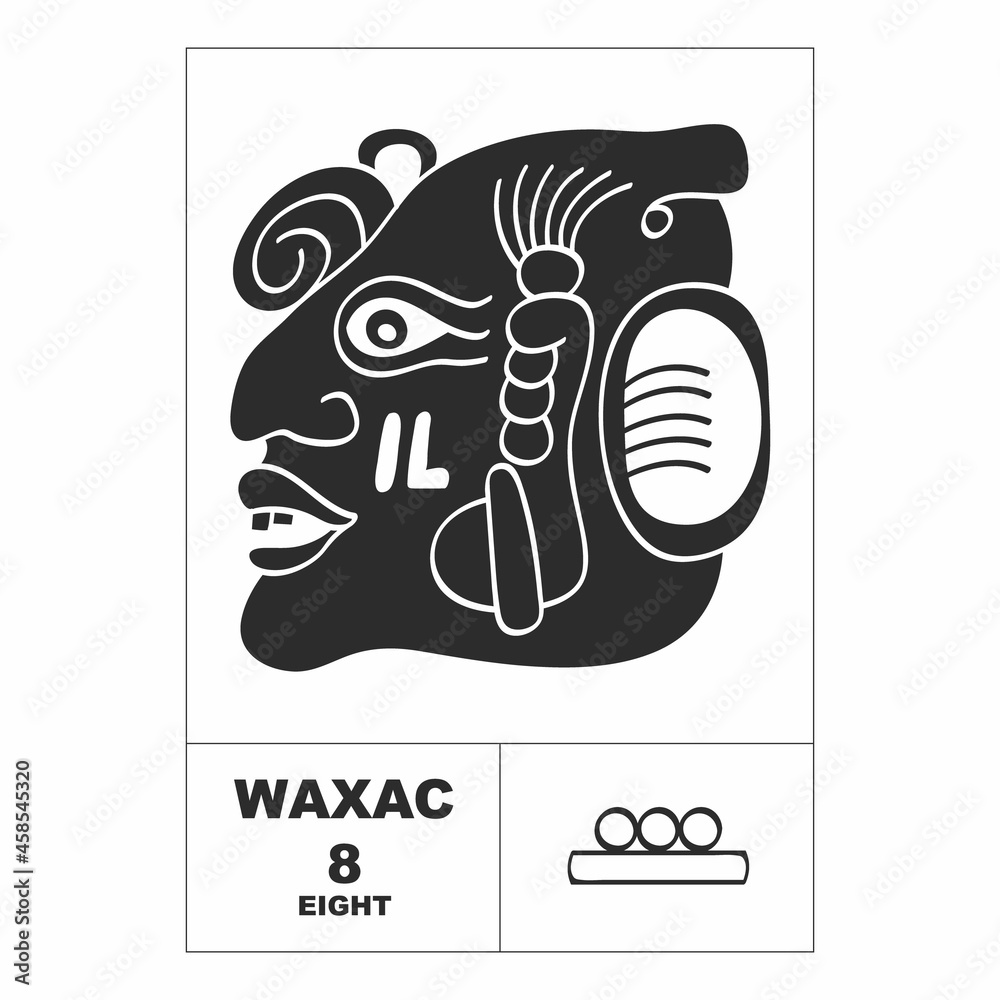 Vector icon with Mayan numerals. Mayan head glyph Waxac and maya symbol ...