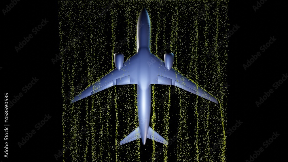 Air flow around airplane body. Bottom view wind tunnel particle flow ...