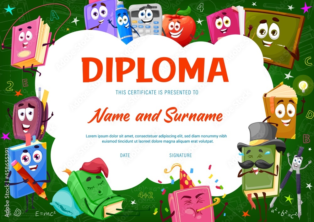 Kids diploma certificate with books, textbooks and bestsellers cartoon ...