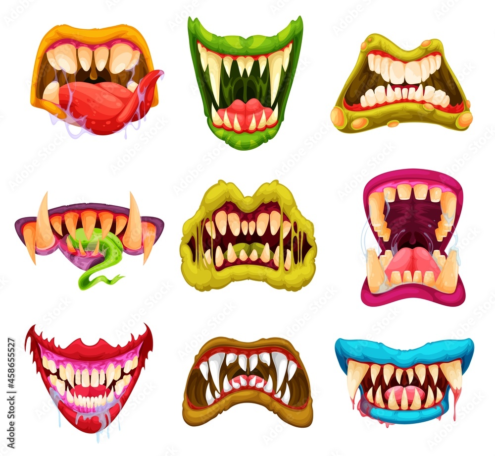 Cartoon monster werewolf and vampire jaws with sharp fangs and tongues ...