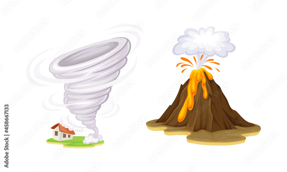 Natural disasters set. Tornado and volcano eruption cartoon vector ...