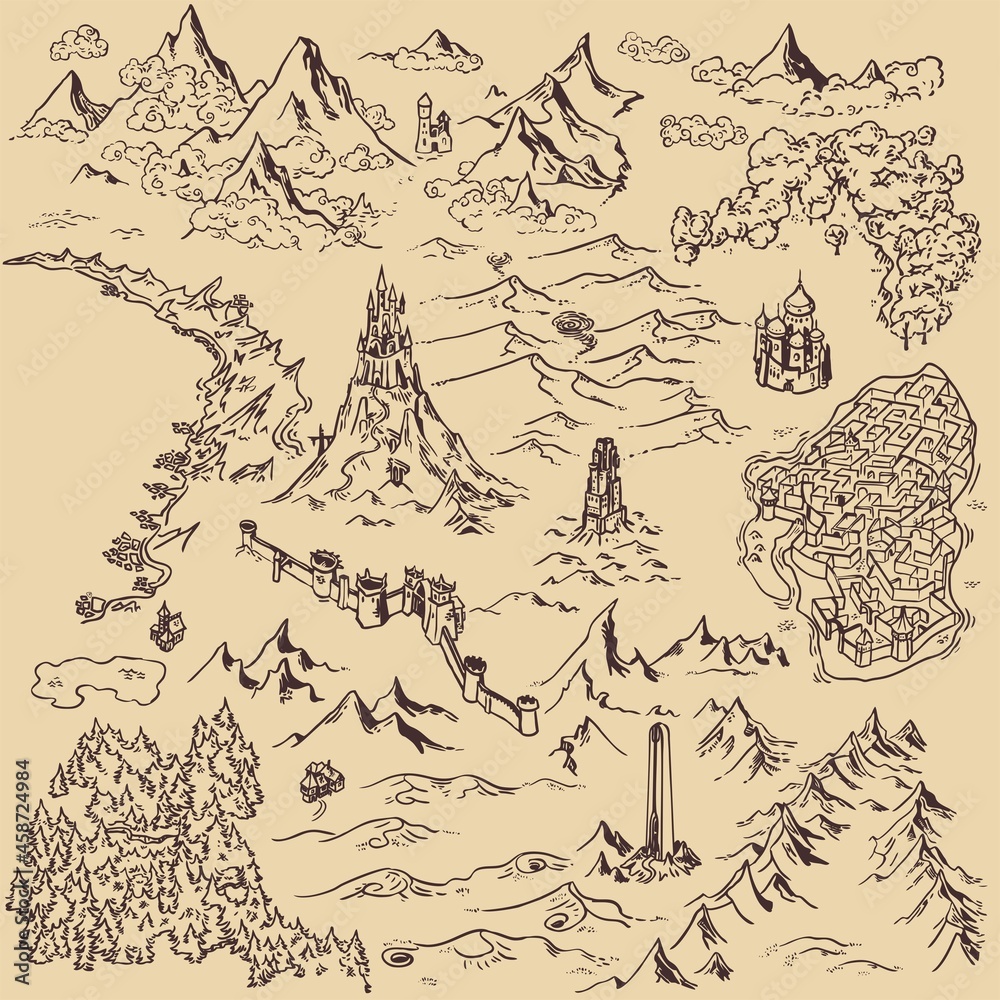 Line art draw simple icon fantasy kingdom map elements Stock Vector ...
