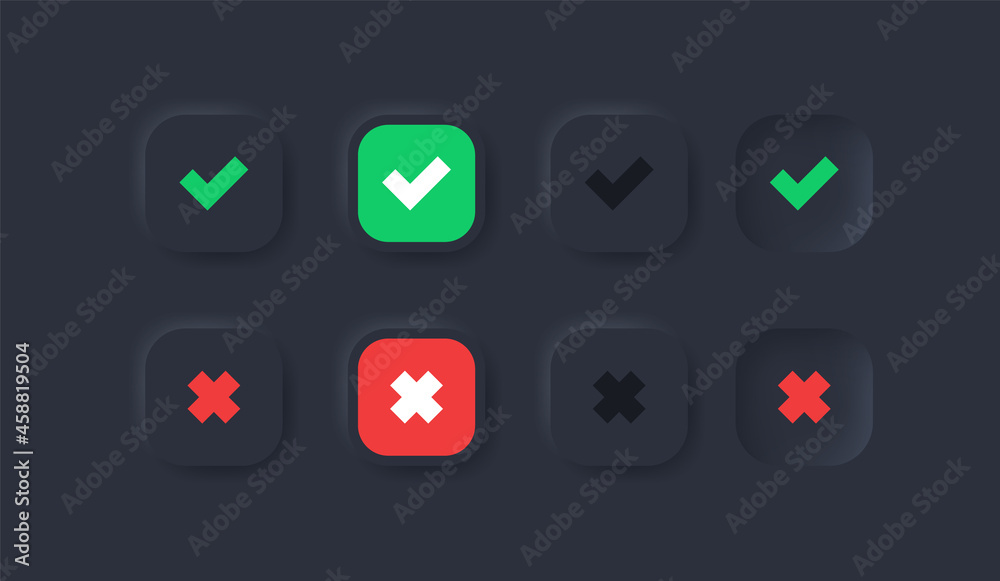 checkmark icon button in black neumorphism buttons - green tick and red cross icons symbols in ...