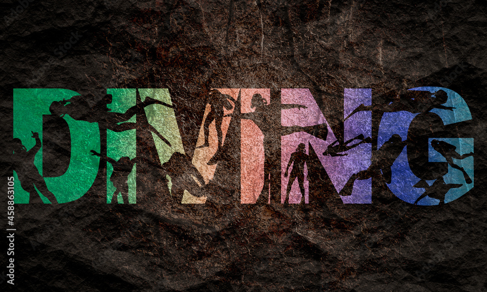 Diving word textured by silhouettes of divers. Stock Illustration ...
