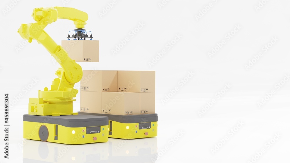 AGV (Automated guided vehicle) with handling robot is picking carton on ...