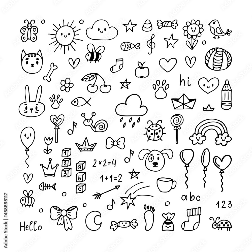 Set of hand drawn elements. Cute doodle art. Children drawing. Drawings in child style Stock ...