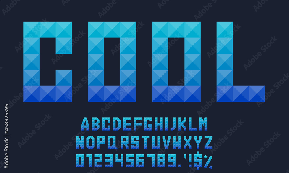Geometric alphabet letters, numbers, and signs with bright blue-cyan ...