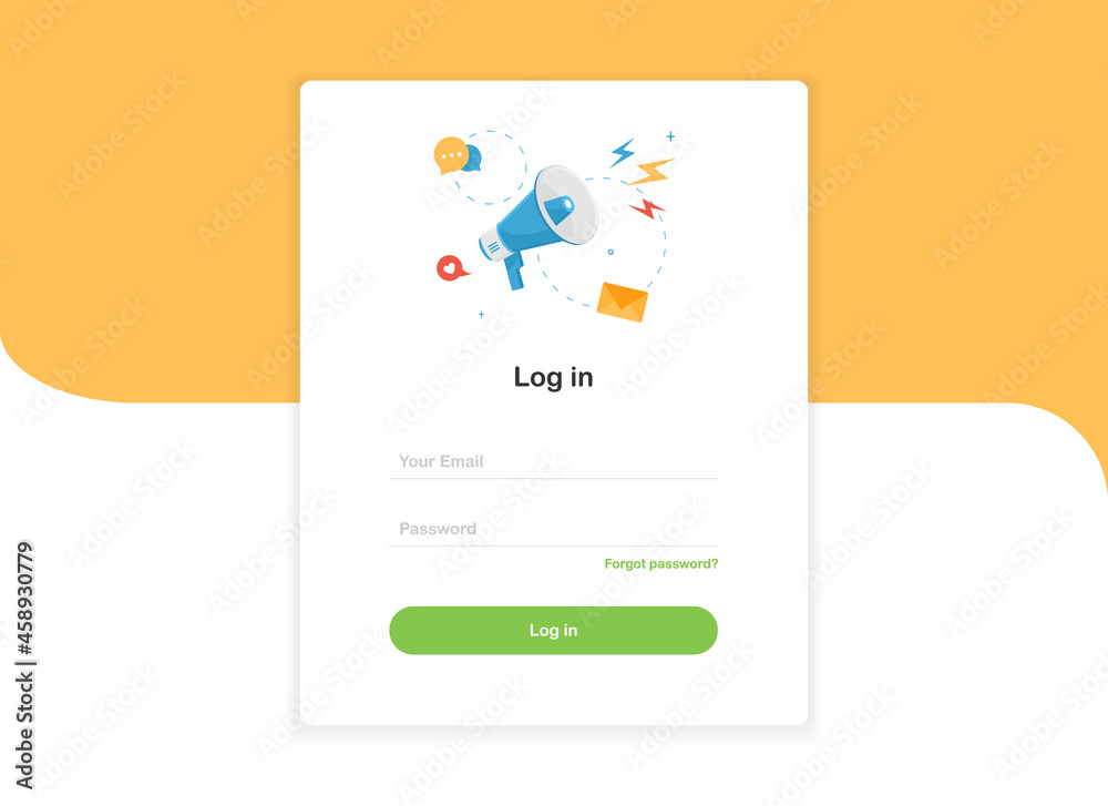 Login pop up landing page template form with megaphone in flat design ...