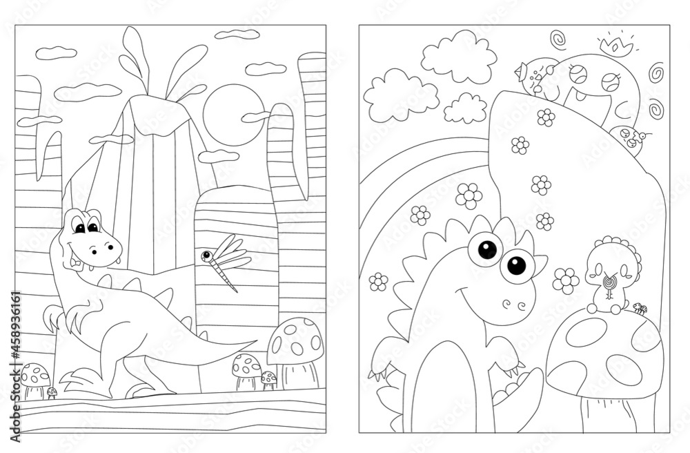 Стоковий вектор Cartoon dinosaurs. Ancient times. wild animals. Black ...