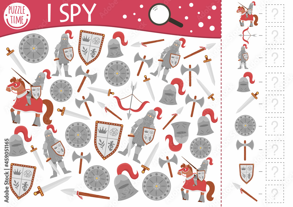Fairytale fantasy I spy game for kids with knight armor. Searching and ...