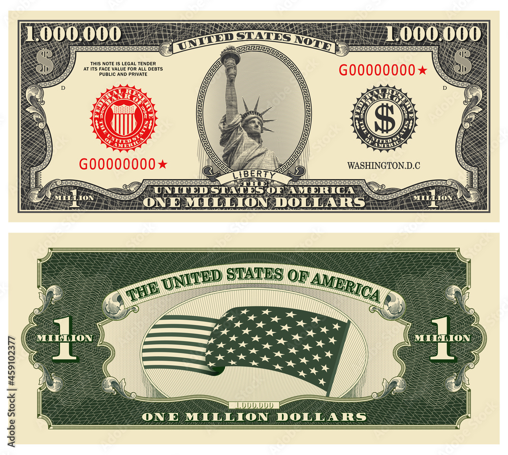 Fictional obverse and reverse of US paper money. One million dollar ...
