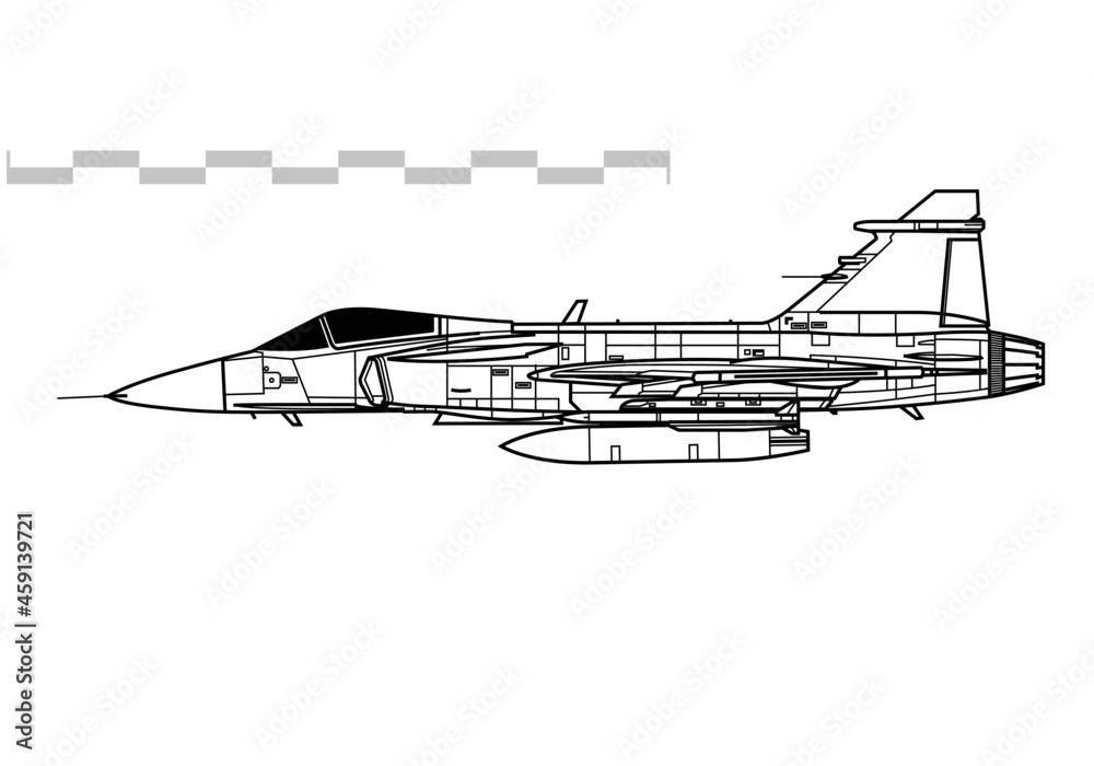 Saab JAS 39 Gripen. Vector drawing of multirole fighter. Side view ...
