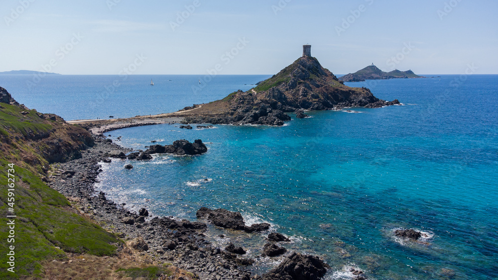 Aerial view of the remains of the Genoese Tower of La Parata built on ...