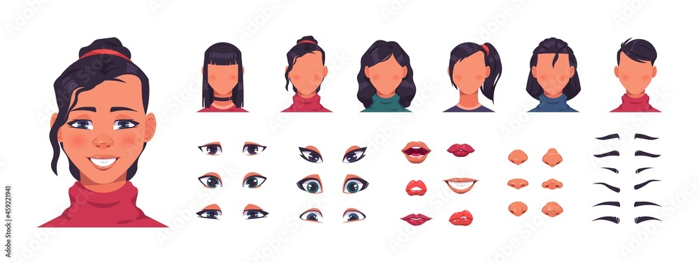 Woman face constructor. Female character avatar kit with hair and ...