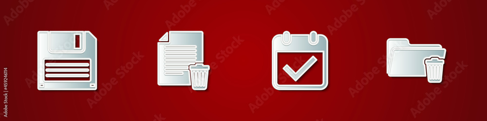 Vector de Stock Set Floppy disk, Delete file document, Calendar with check mark and folder icon ...