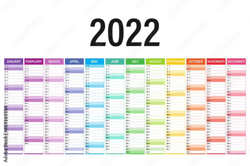 2022, a colorful calendar planner on one page, on a white background ...