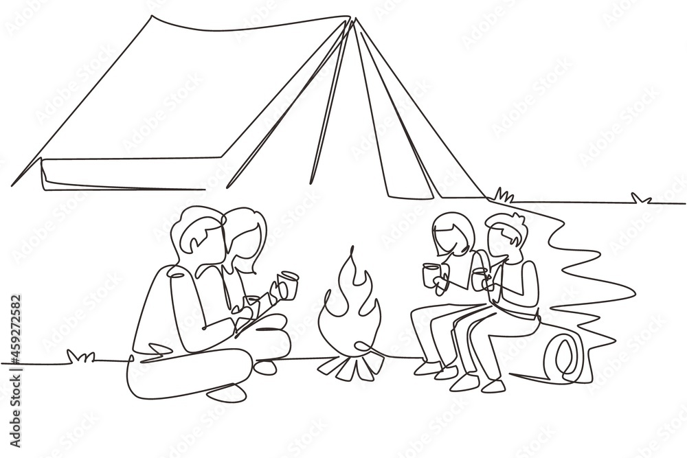 Single continuous line drawing happy family camping with campfire and ...