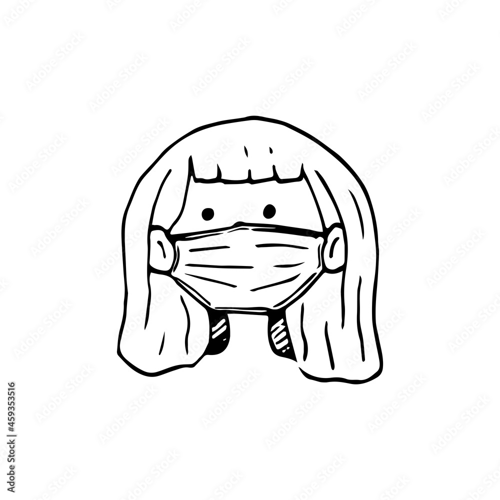 Hand-drawn doodle illustration of girl in mask. Black and white vector ...