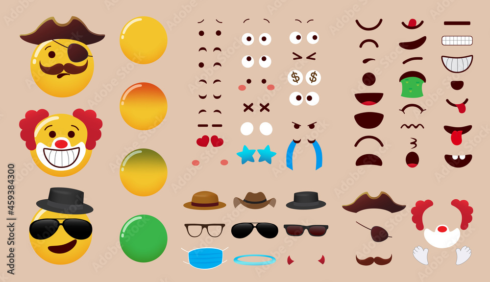 Emoji creator vector set design. Smiley emoticon character kit with ...