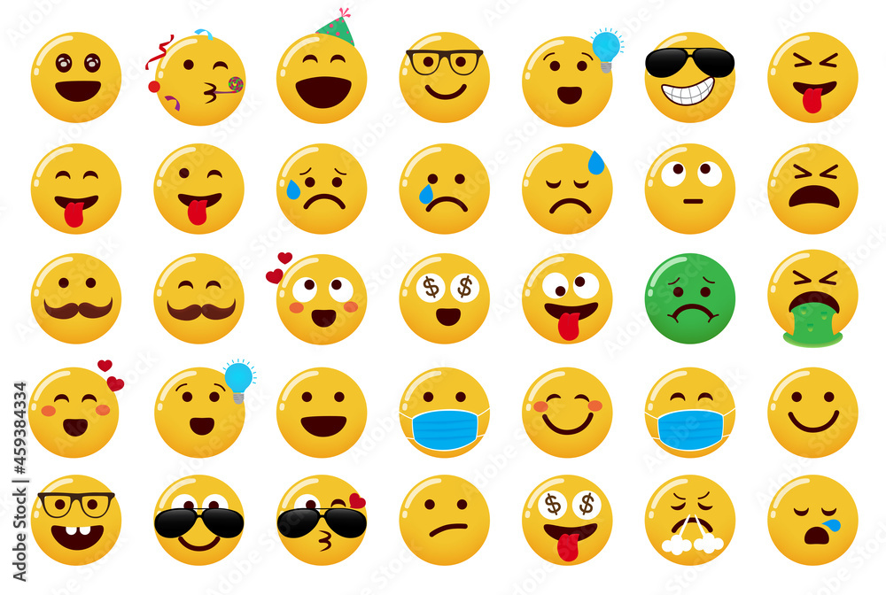 Smileys emoji vector set. Emoticons cute characters with party, cool ...