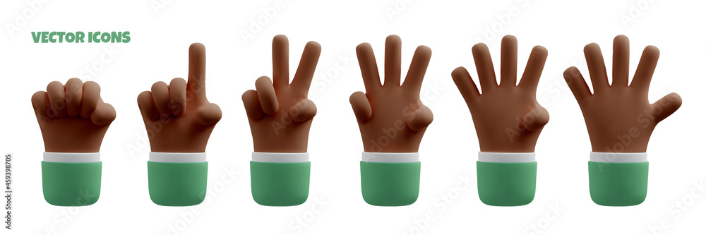 Vector 3d counting hand icon set. Dark skin cartoon arms with palms and ...