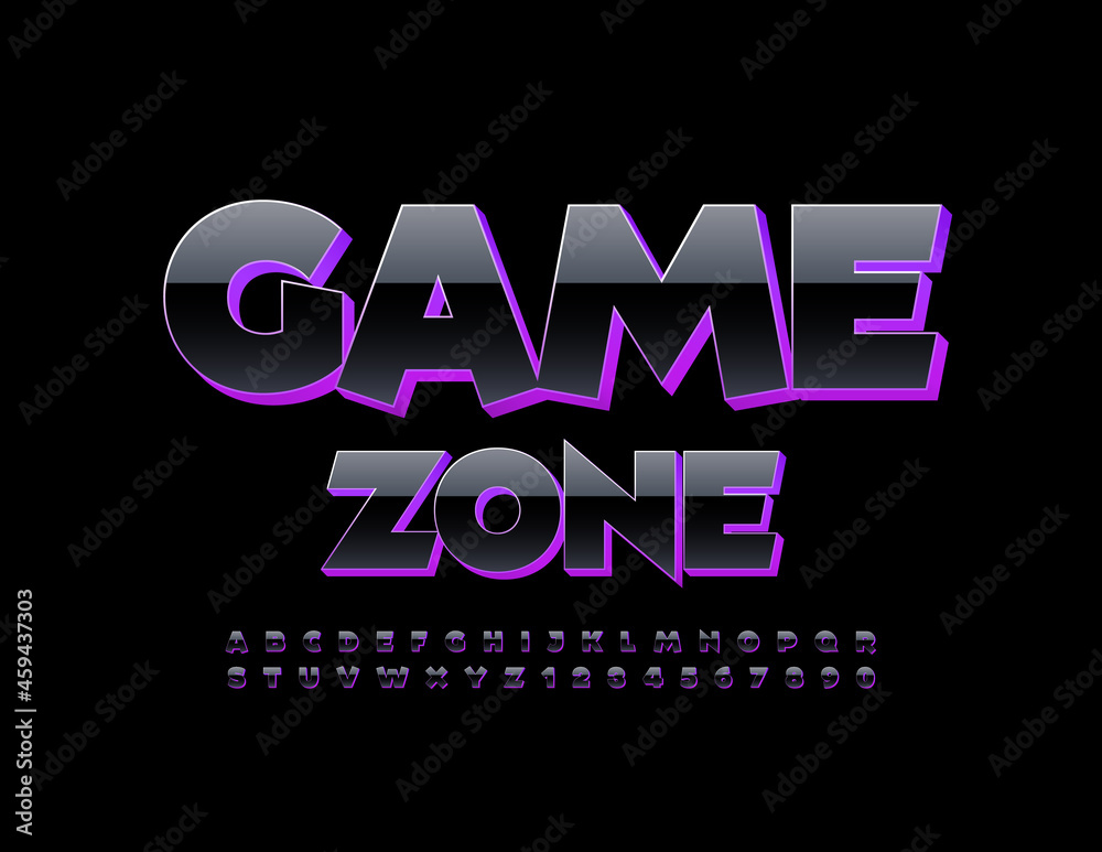 Vector modern sign Game Zone. 3D Black and Purple Font. Shiny Alphabet ...