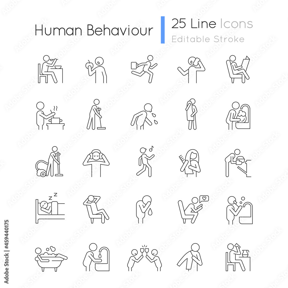 Human behaviour linear icons set. Activities of daily living ...