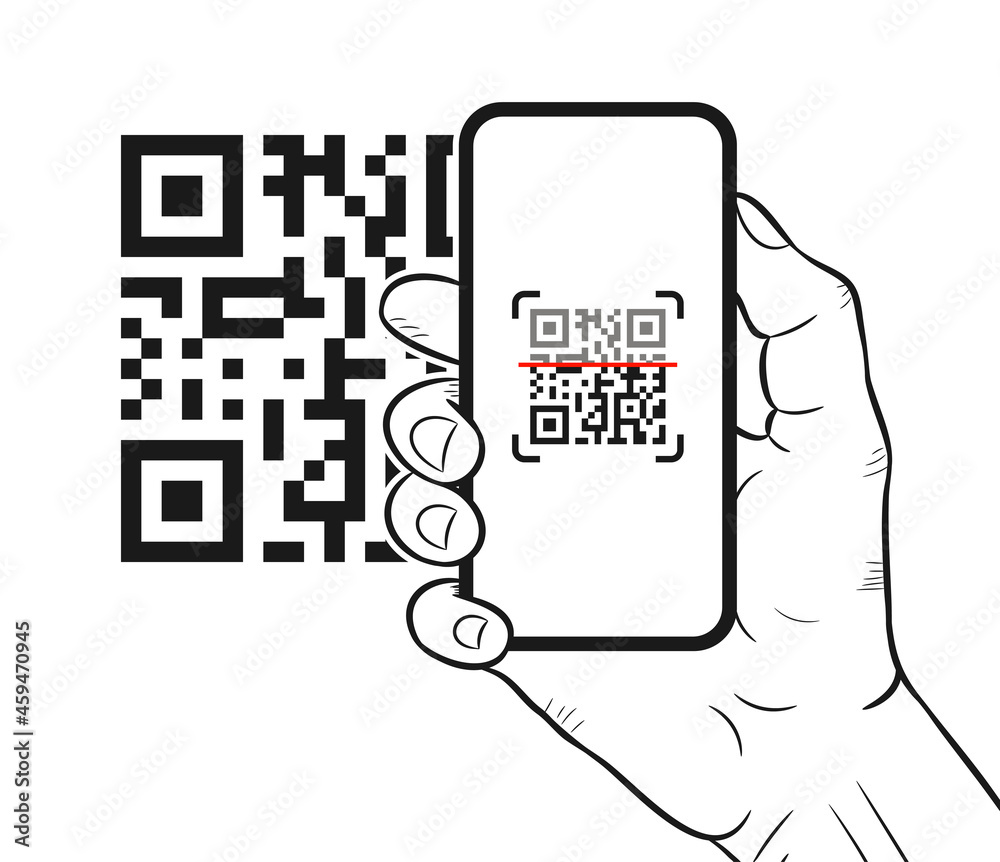QR code scanning with mobile smartphone. Hand-drawn hand holding ...