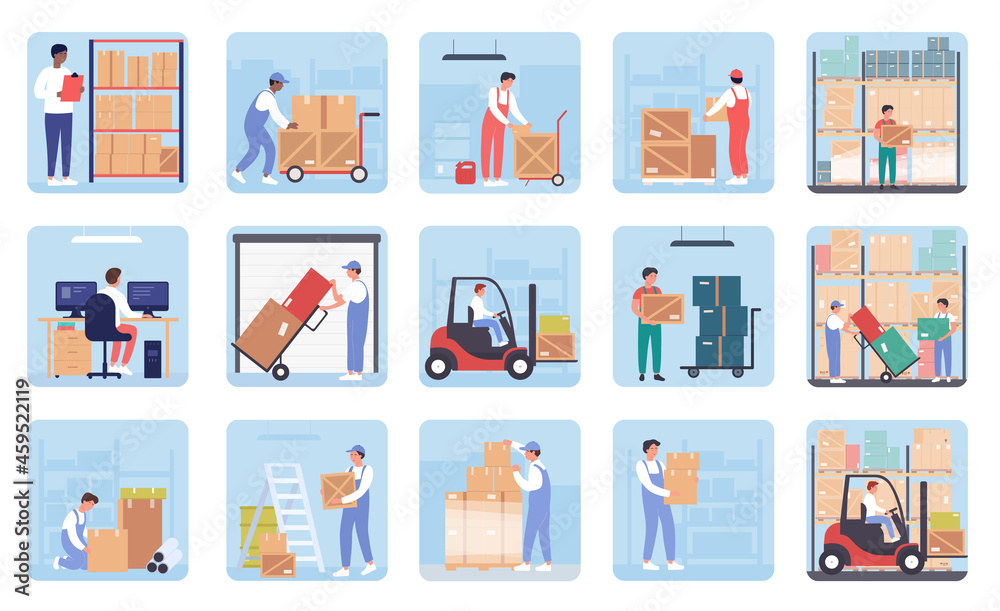 People work in warehouse, logistic service set vector illustration ...