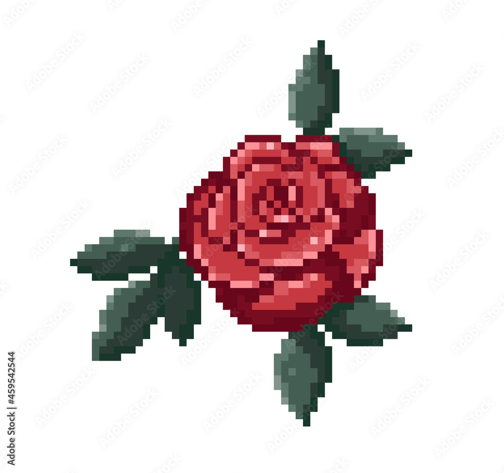 Pixel art vintage rose. 8 bit style retro rose flower vector ...