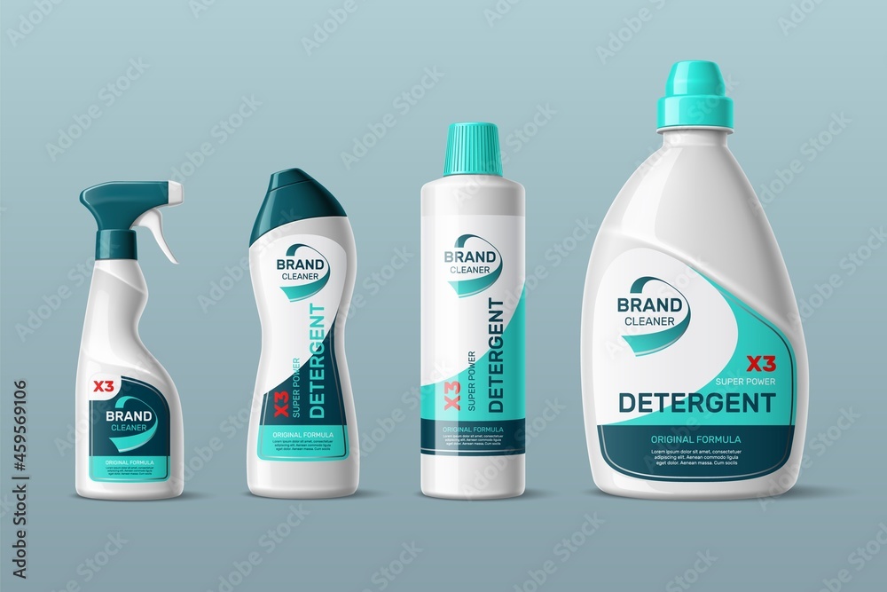 Detergents design. Realistic cleaning products. Different shapes of ...