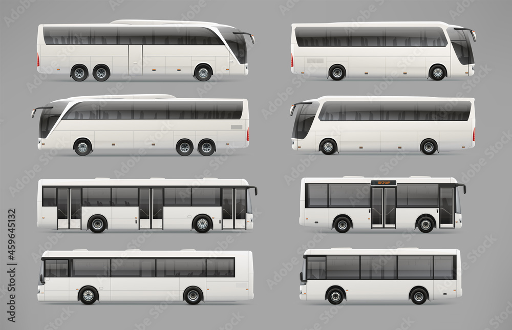Realistic vector passenger coach bus set for your mock-up design ...