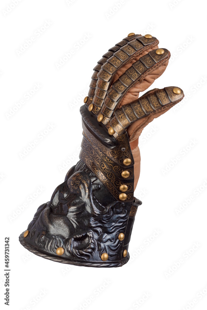 Medieval knightly brown plate gauntlet from Italian armor, in the form ...