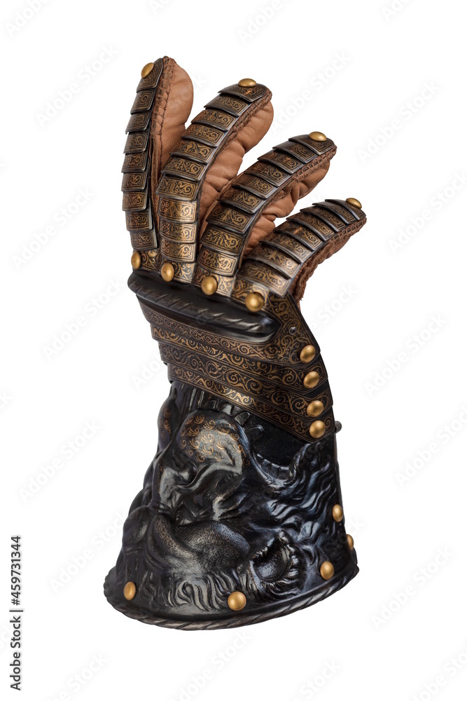 Medieval knightly brown plate gauntlet from Italian armor, in the form ...