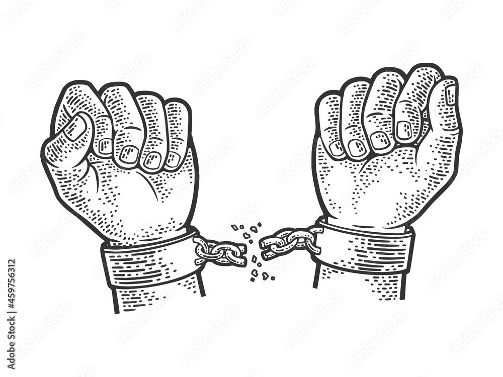 hands breaking shackles sketch engraving vector illustration. T-shirt ...