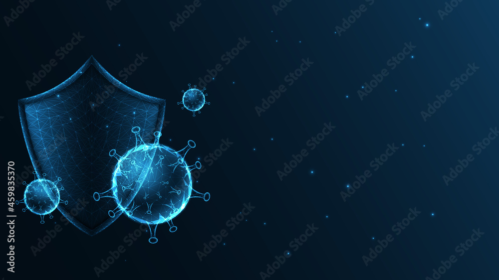 Virus with shield. Virus protection concept line connection. Low poly ...