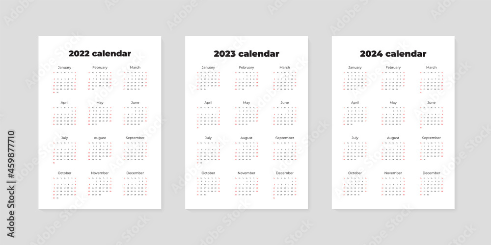 Set of calendars 2022, 2023, 2024. Blank printable vertical one-page ...