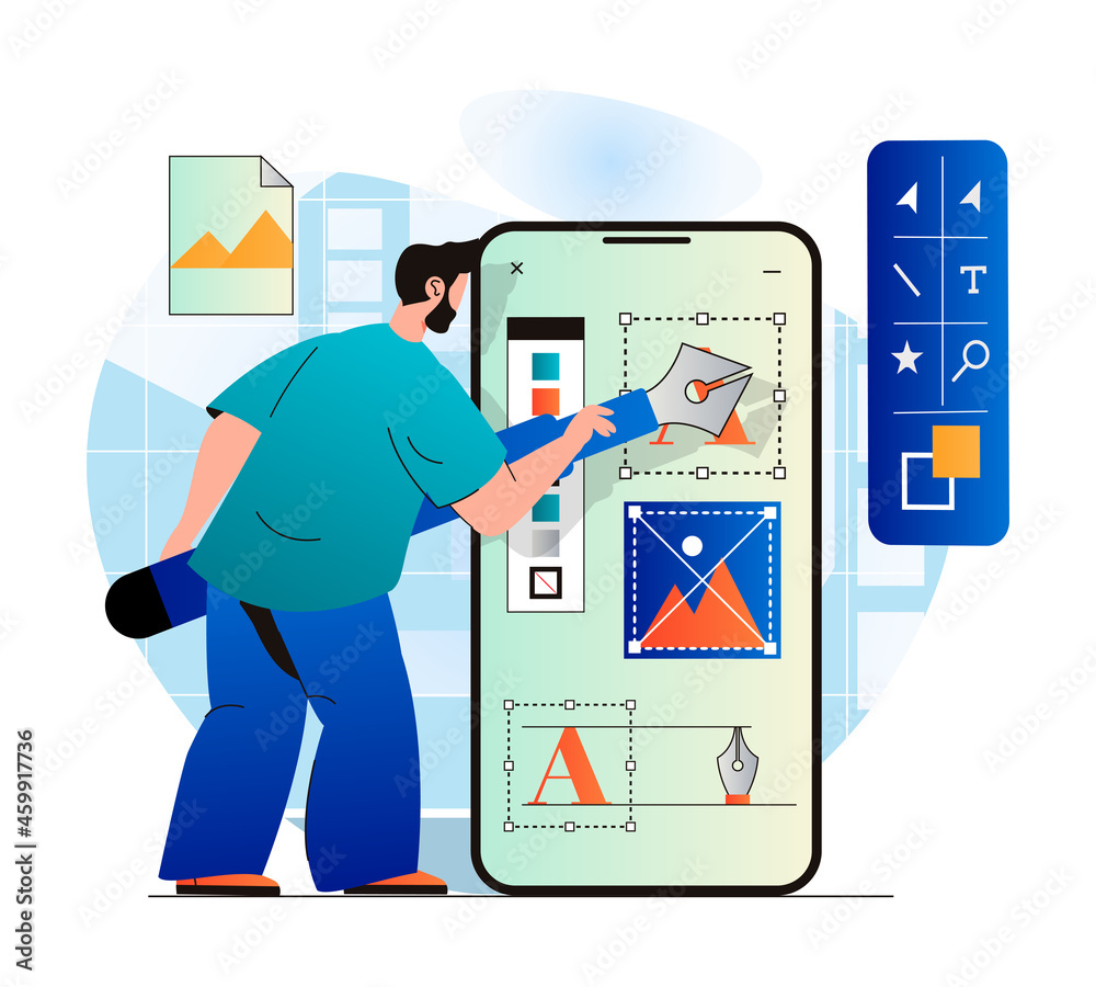 Design studio concept in modern flat design. Man designer drawing ...