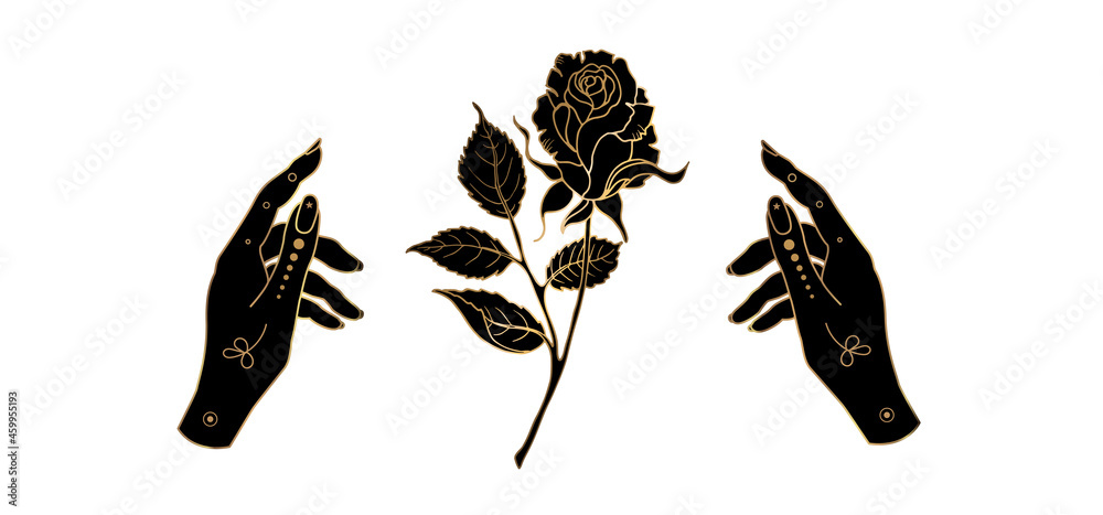 Golden mystical rose and hands. Magic occult pattern, esoteric boho ...
