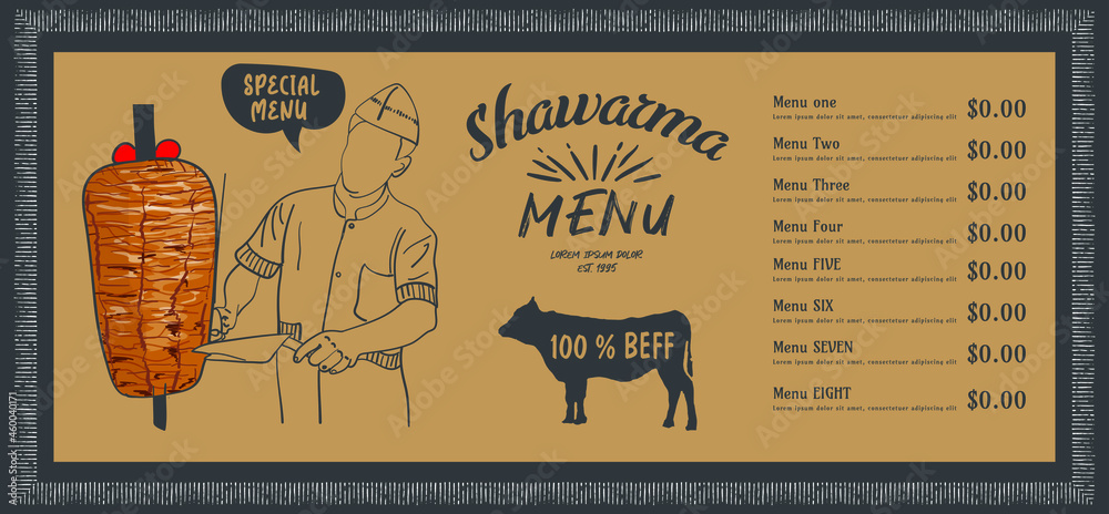 Shawarma cooking and ingredients for kebab. Doner kebab hand drawn ...