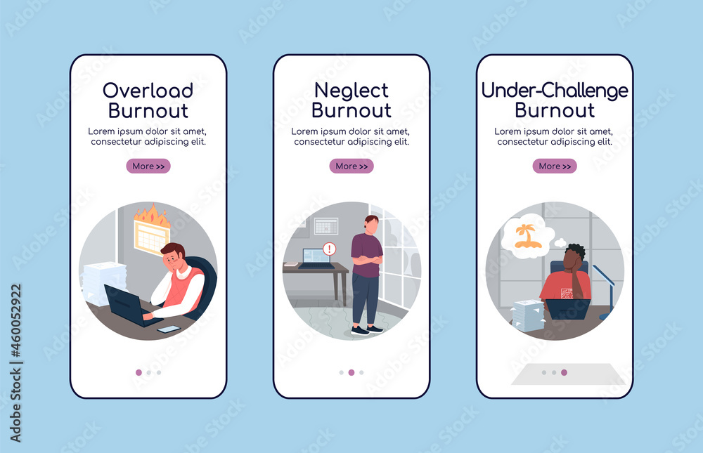 Burnout types onboarding mobile app screen flat vector template ...