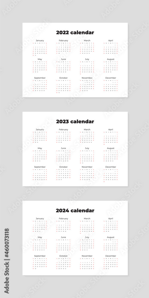 Set of calendars 2022, 2023, 2024. Blank printable vertical one-page ...