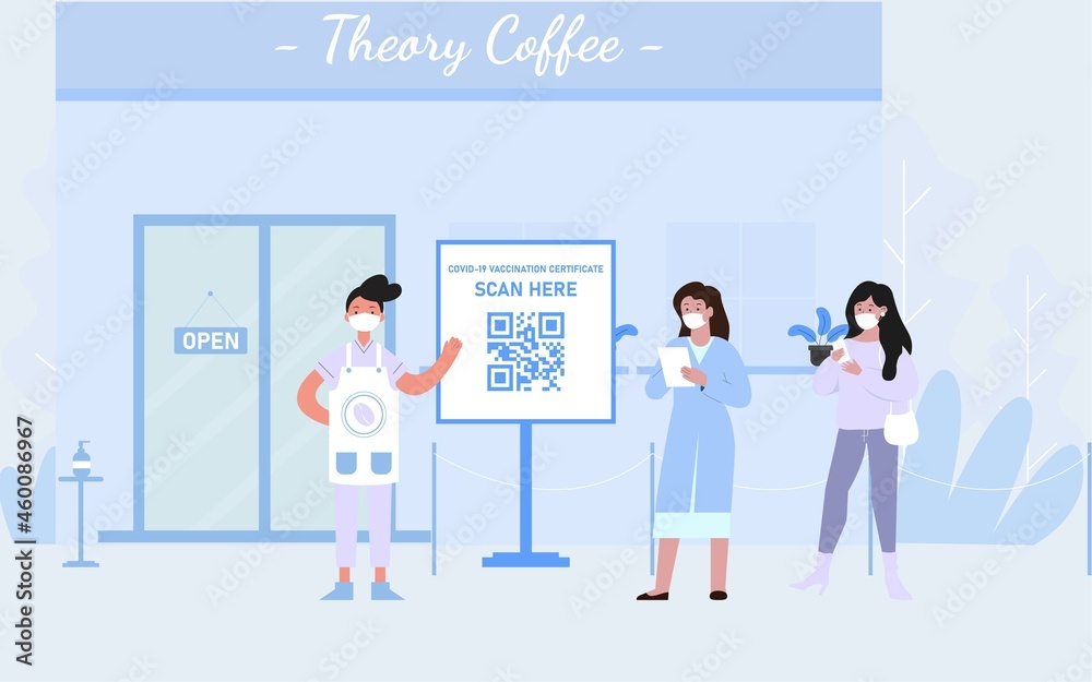 Coffee shop COVID-19 vaccine certificate QR code scanning Stock Vector ...
