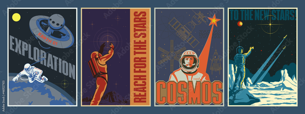 Retro Soviet Space Propaganda Poster Style Illustrations, Cosmonauts ...